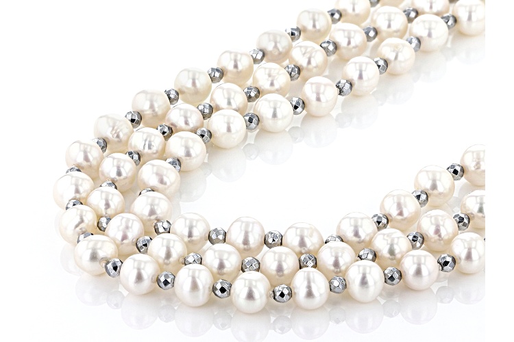 6 7mm White Cultured Freshwater Pearl And Hematine Rhodium Over Silver