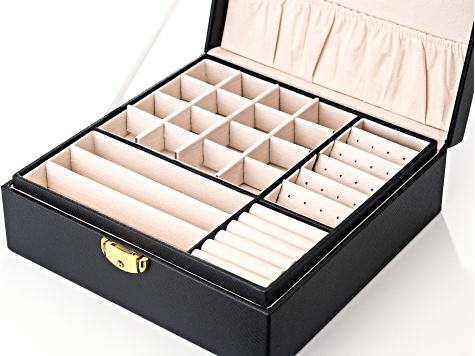 Black Faux Leather Lockable Jewelry Box with Removable Stacking ...