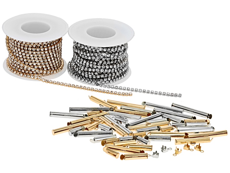 Silver Tone & Gold Tone Crystal Chain with Crimp Ends Set of 62 ...