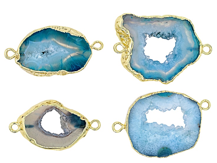 Gold Electroplated Blue Druzy Agate 20-35mm Connector Set of 4 - JMKIT2285A | JTV
