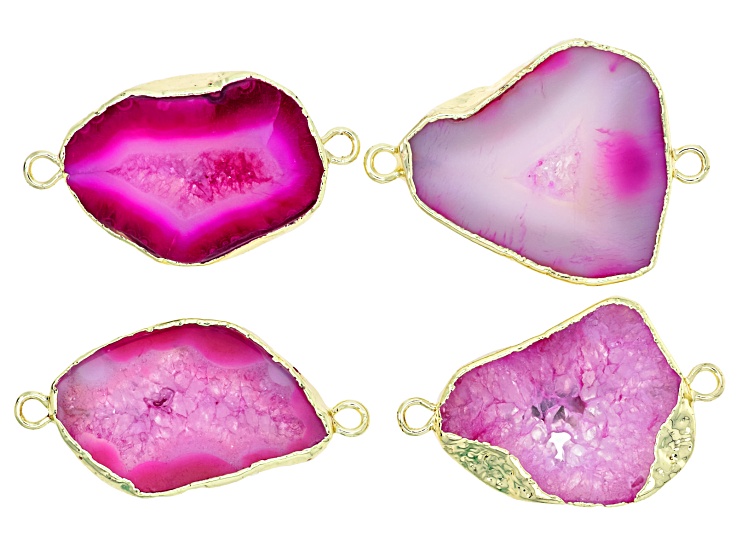 Gold Electroplated Pink Druzy Agate 20-35mm Connector Set of 4 - JMKIT2285B | JTV