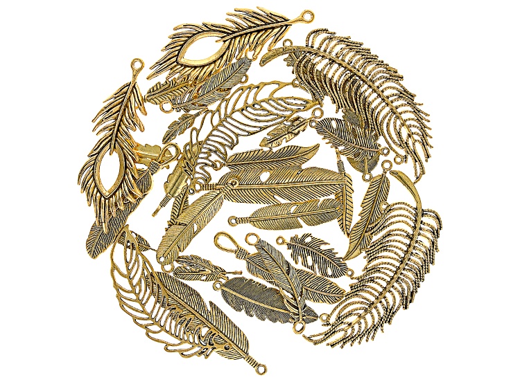 Feather Component Assortment in 16 Styles in Antiqued Gold Tone 32 Pieces Total - JMKIT999A | JTV