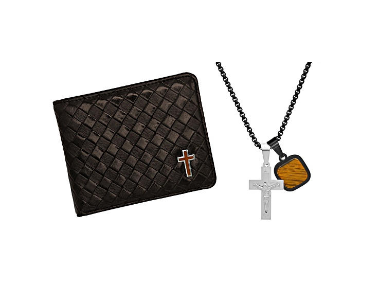 Braided Brown Leather Cross Wallet and Cross Pendant Set - 10VPBA | JTV