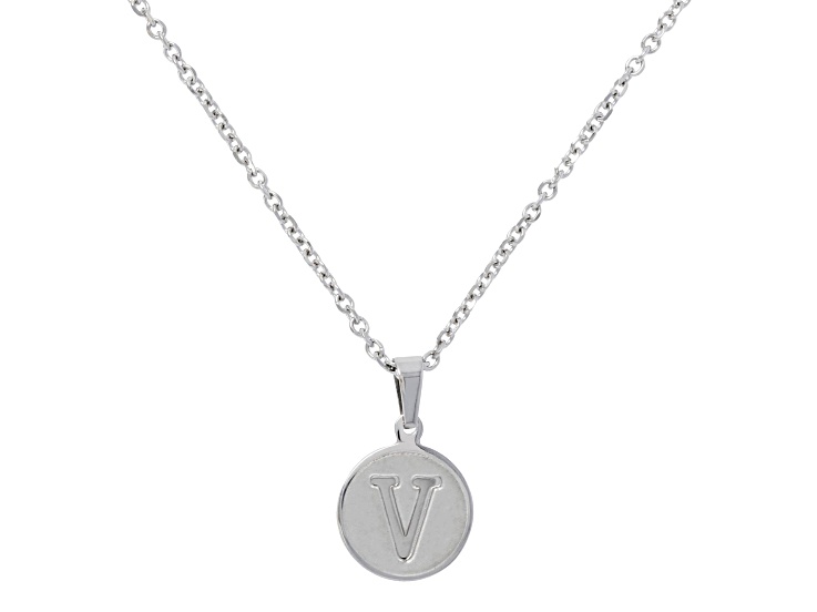 Sophisticated Steel Initial "V" Charm Pendant with Chain - 1229FV | JTV