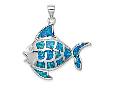 Rhodium Over Sterling Silver Lab Created Blue Opal Fish Pendant ...