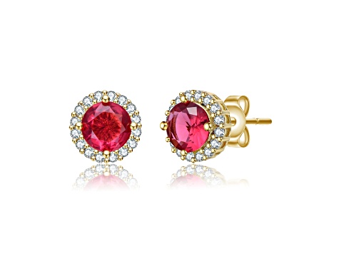 Round Ruby Red Cubic Zirconia, 14K Gold Plated over Brass Halo Stud Earrings - 12HM4E | JTV