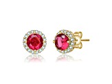 Round Ruby Red Cubic Zirconia, 14K Gold Plated over Brass Halo Stud ...