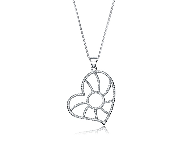 Clear Cubic Zirconia, Rhodium Plated over Sterling Silver Lovely Heart ...