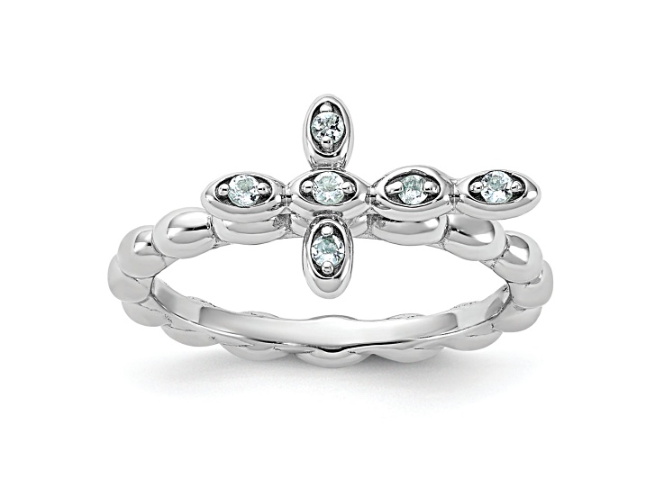 Rhodium Over Sterling Silver Stackable Expressions Cross Aquamarine Ring 0.10ctw - 13YVQC | JTV