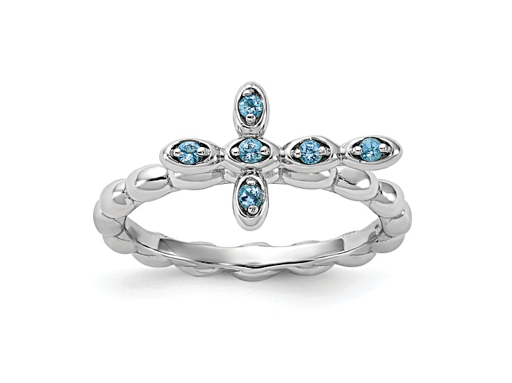 Rhodium Over Sterling Silver Stackable Expressions Cross Blue Topaz Ring 0.12ctw - 13YVQL | JTV