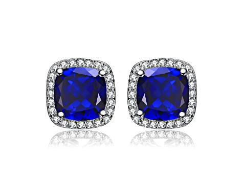 Blue Square Cubic Zirconia, Rhodium Plated over Sterling Silver Stud ...