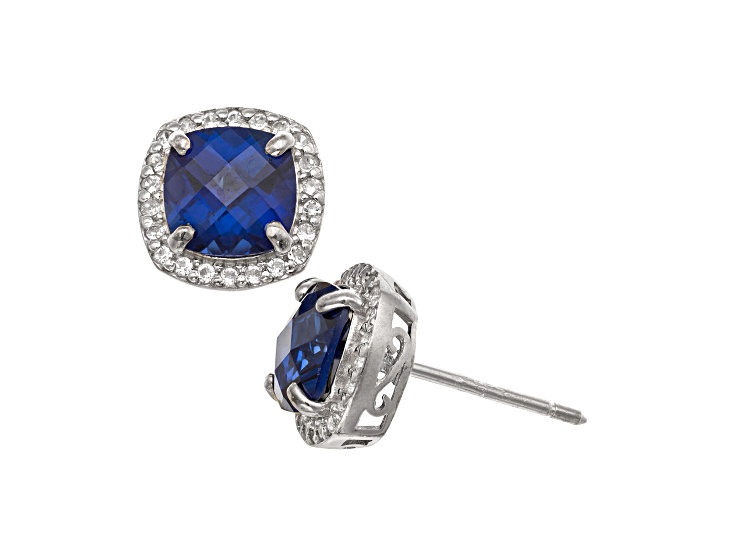 Jtv Lab Created Blue Sapphire Sterling Silver Halo Stud Earrings 3.04ctw