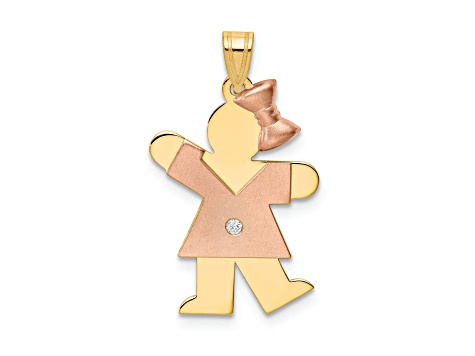 14k Yellow Gold and 14k Rose Gold Satin Diamond Kid with Bow Pendant ...