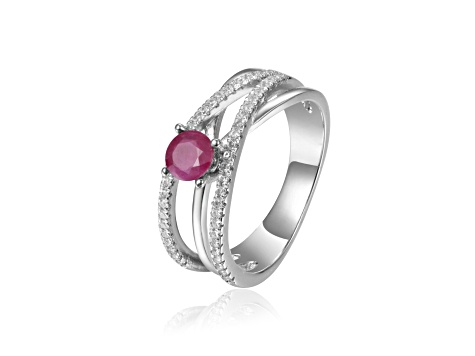 Round Ruby with White Sapphire Accents Sterling Silver Crossover Open Design Ring, 0.65ctw ...