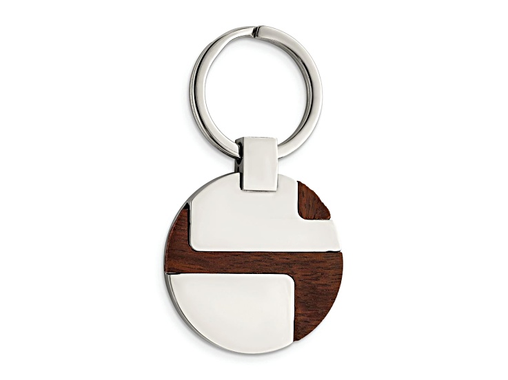 Stainless Steel Polished Wood Inlay Key Ring - 16RNJA | JTV