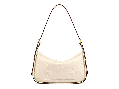 MCM Small Aren E/W Flap Hobo with Embossed Monogram Leather in Oatmeal ...