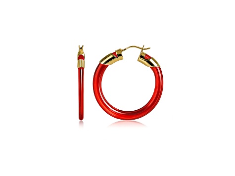 14K Gold Over Brass 1.5 inch Acrylic Classic Flat Hoop Earrings in Red ...