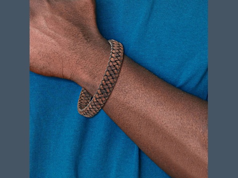 Brown Leather and Stainless Steel Polished 11.50mm 8.5 inch Bracelet 17MM8B JTV
