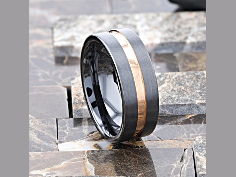 VENICE Black Ceramic Wedding Band with Rose Gold Groove 8mm - 190W1C | JTV