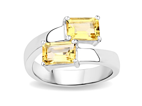 Yellow Citrine Rectangular Octagonal Rhodium Over Sterling Silver Bypass Ring 1.8ctw - 194J9C | JTV