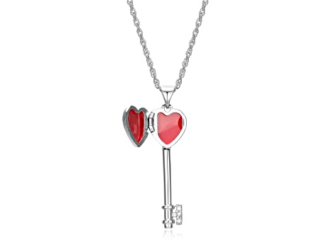White Diamond Accent Rhodium Over Sterling Silver Heart Key Locket ...