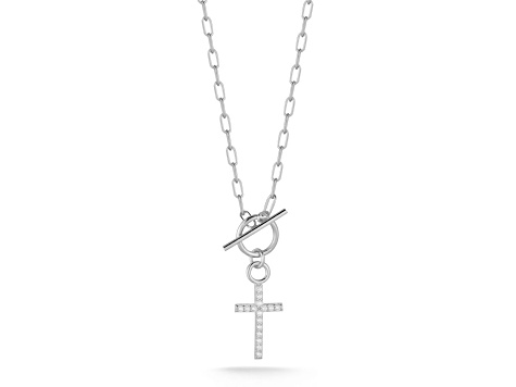 Sterling Statements Rhodium Over Sterling Silver Cubic Zirconia Cross Paperclip Chain Necklace ...
