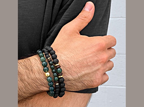 Invicta Jewelry Men's Moss Agate, Lava and Hematite Stone Bead Stretch ...