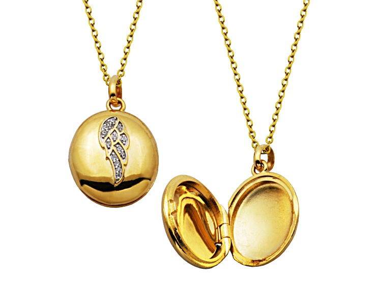 White Cubic Zirconia 18k Yellow Gold Over Brass Wing Locket Pendant ...