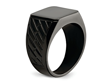 Stainless Steel Polished Black IP-plated Brick Design Signet Ring ...
