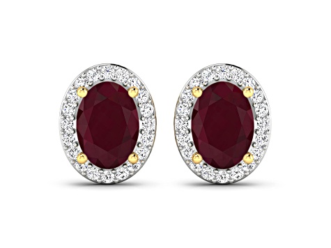 Red Ruby and White Diamond 14K Yellow Gold Halo Stud Earrings - 1BE6QH | JTV