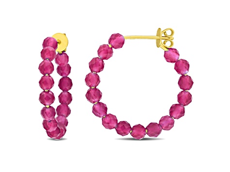 2.0ctw Created Ruby Beaded Hoop Earrings in 18K Yellow Gold Over ...