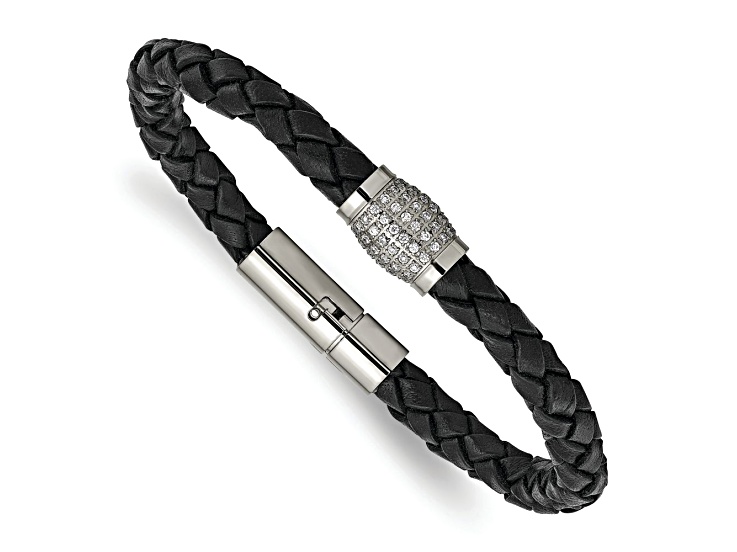 Titanium Polished with Cubic Zirconia Black Leather Bracelet - 1C3TVA | JTV