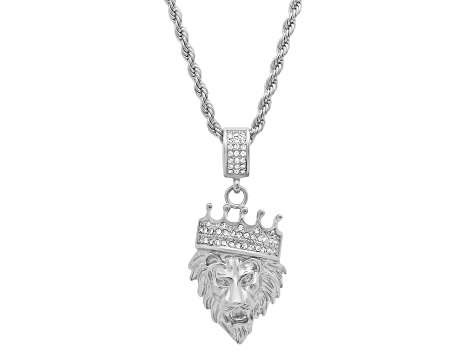 Men's Stainless Steel Cubic Zirconia Lion Head With Crown Pendant With ...