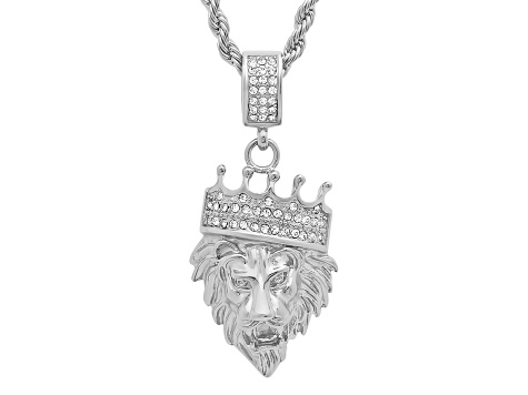 Men's Stainless Steel Cubic Zirconia Lion Head With Crown Pendant With ...