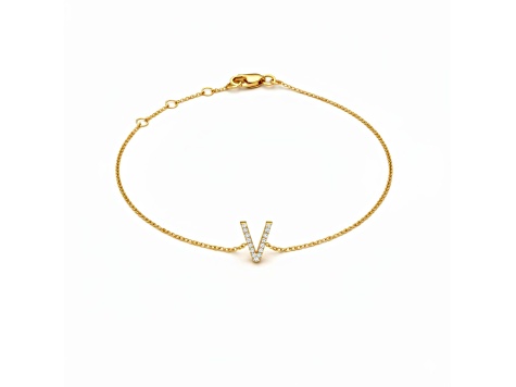 10K Yellow Gold White Diamond V Initial Bracelet for Women with ...