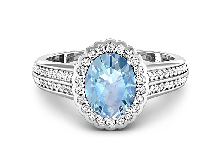 Oval Blue Aquamarine and White Diamond Bridge 14K White Gold Ring ...