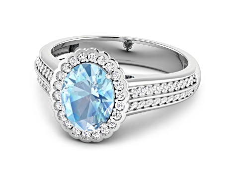 Oval Blue Aquamarine and White Diamond Bridge 14K White Gold Ring ...