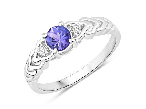 Violet Tanzanite and Lab Grown Diamond Rhodium Over Silver 3 Stone Ring ...