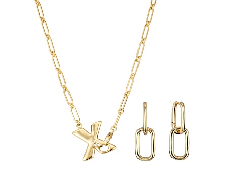 White Cubic Zirconia 14k Yellow Gold Over Brass Initial "X" Jewelry Set ...