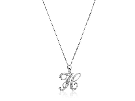 10K White Gold Script White Diamond Initial Letter H Pendant With Chain ...