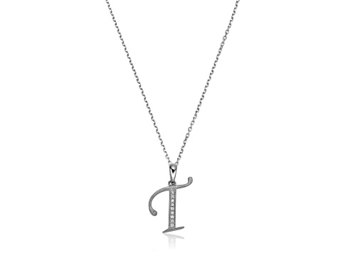 10K White Gold Script White Diamond Initial Letter T Pendant With Chain ...