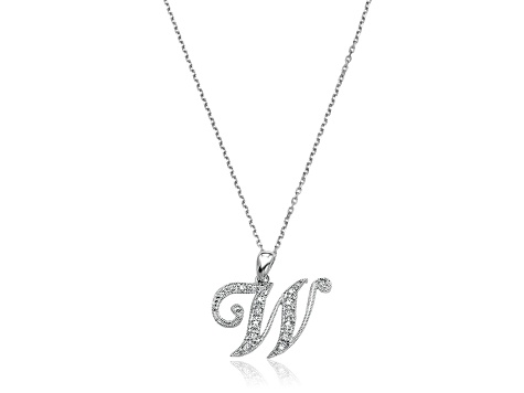 10K White Gold Script White Diamond Initial Letter W Pendant With Chain ...