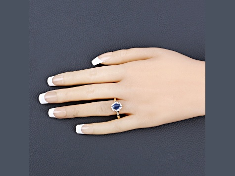 Blue Sapphire and White Diamond 10K Yellow Gold Oval Halo Ring 1.11ctw ...