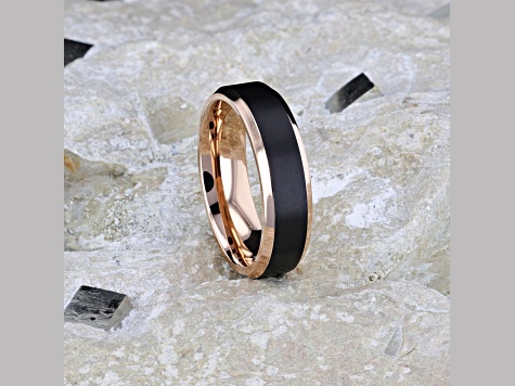 STEPHEN Rose Gold Plated Black Titanium Flat Brushed Wedding Ring With ...