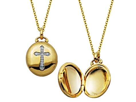 White Cubic Zirconia 18k Yellow Gold Over Brass Cross Locket Pendant ...