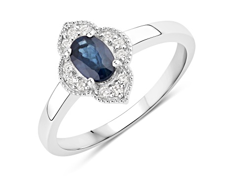Blue Sapphire and Lab Grown Diamond Rhodium Over Silver Halo Ring 0 ...