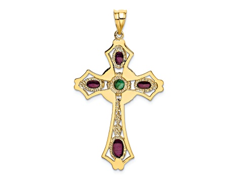 14k Yellow Gold Textured Ruby and Emerald Cabochon Cross Pendant ...