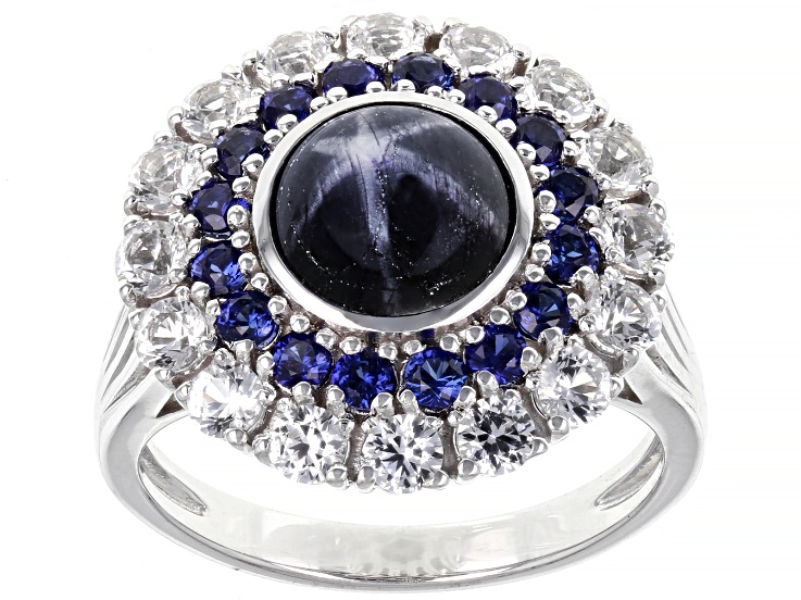 JTV Blue Lab Star Sapphire Diamond Rhodium Over Sterling Silver Ring SZ ...