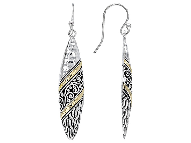 Sterling Silver & 18K Gold Hammered & Scroll Design Elongated Earrings ...