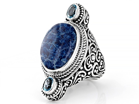Blue Coral & Swiss Blue Topaz Sterling Silver Ring 0.92ctw - BAL620 | JTV